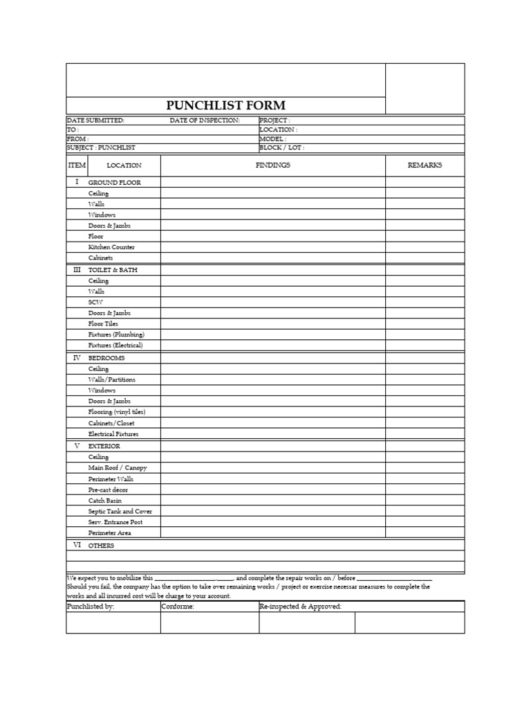 Form, Punchlist Form | PDF