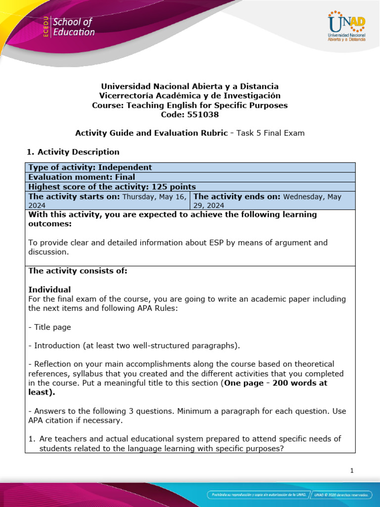 ESP Teaching Final Exam Guide | PDF | Apa Style | Citation