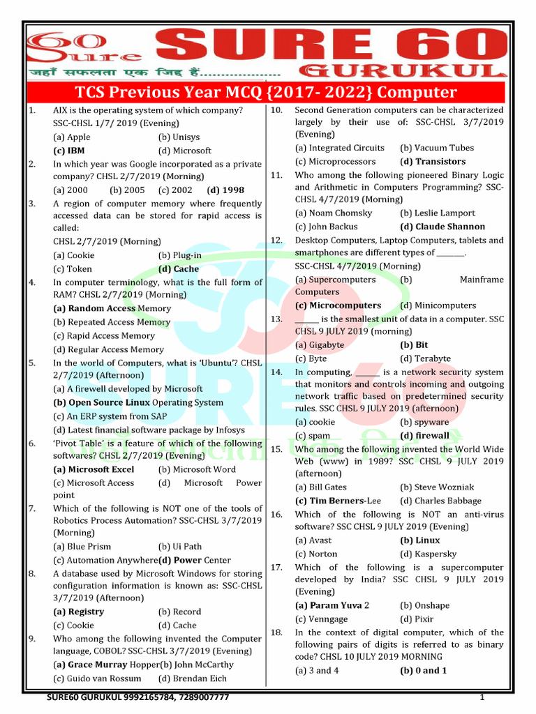 TCS Previous Year MCQ {2017- 2022} Computer | PDF