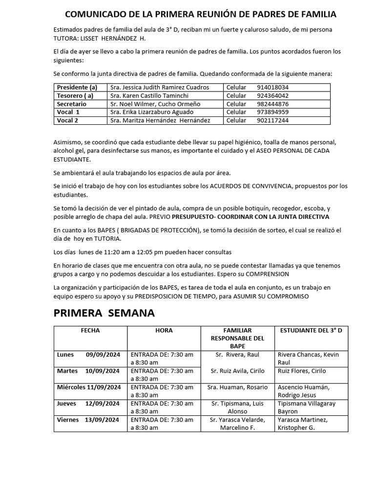 COMUNICADO DE LA PRIMERA REUNIÓN DE PADRES DE FAMILIA | PDF