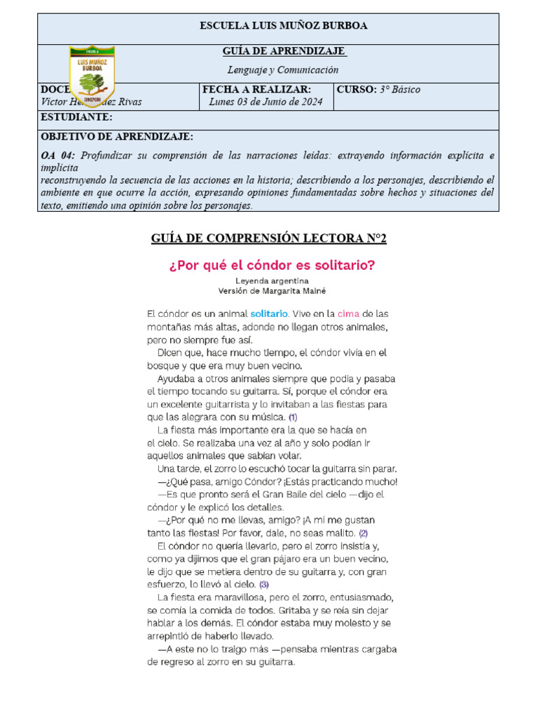 Guía Comprensión Lectora 2 | PDF | Comprensión lectora | Cognición