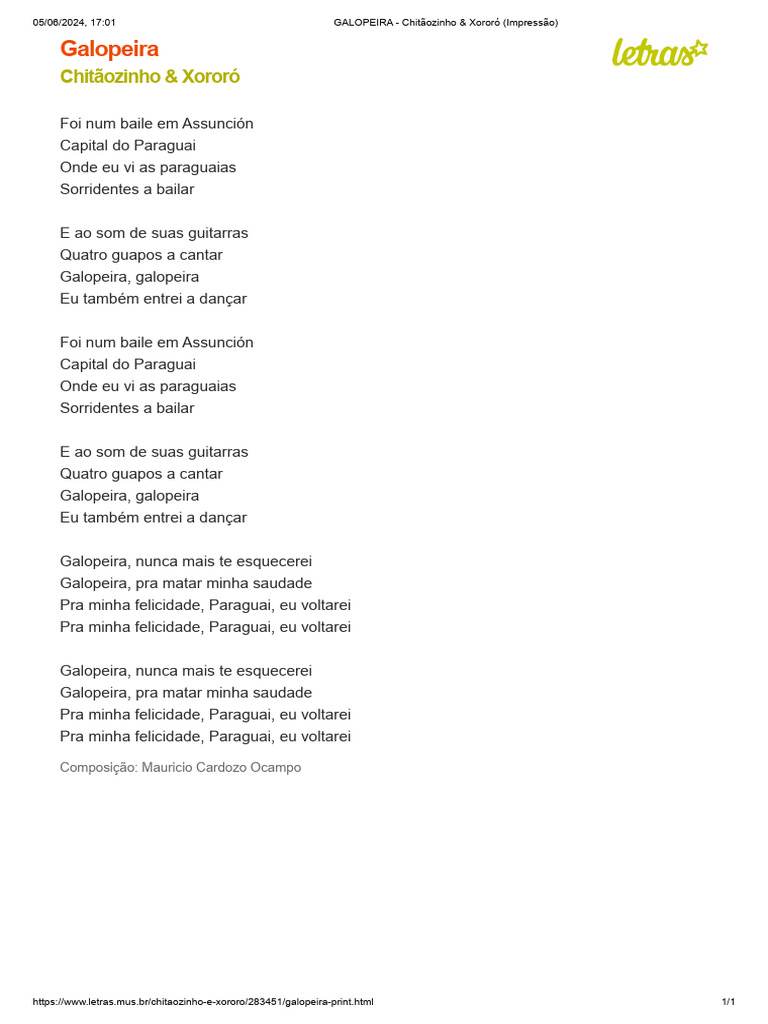 GALOPEIRA - Chitãozinho & Xororó (Impressão) | PDF | Arte | Poesia