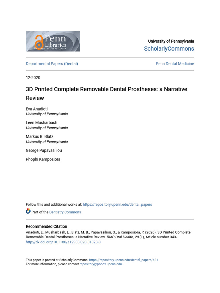 3D Printed Complete Removable Dental Prostheses - A Narrative Revi ...