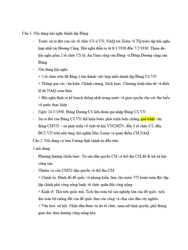Đề cương lịch sử Đảng VMU | PDF