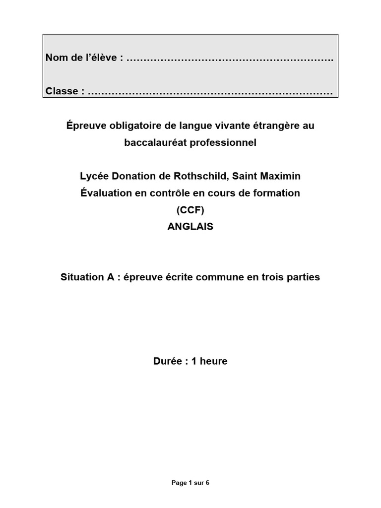 Épreuve d'anglais CCF Bac Pro 2023 | PDF