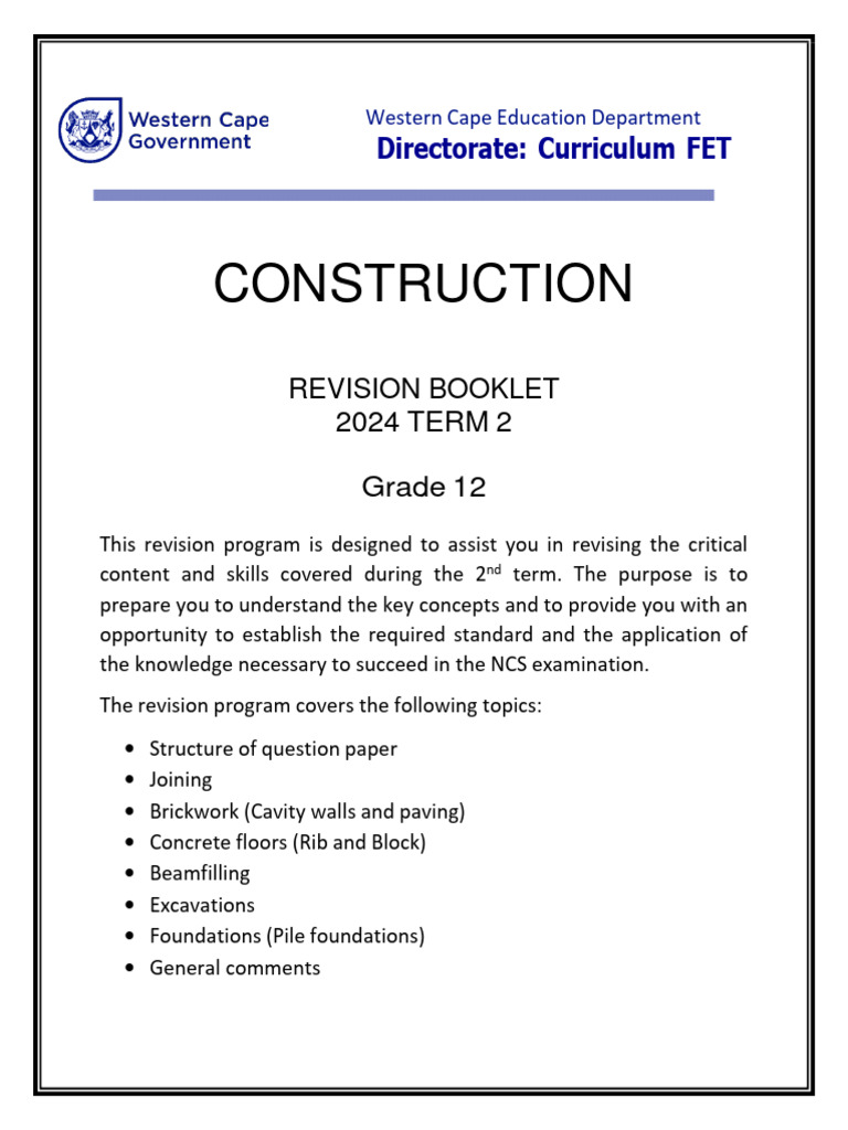 GR 12 Revision Booklet Construction Term 1and 2 2024 | PDF | Concrete ...