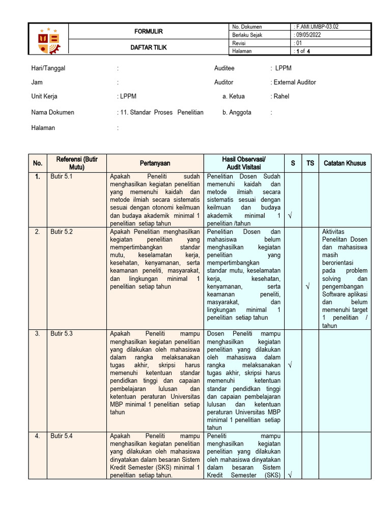 Audit Proses Penelitian LPPM UMBP | PDF