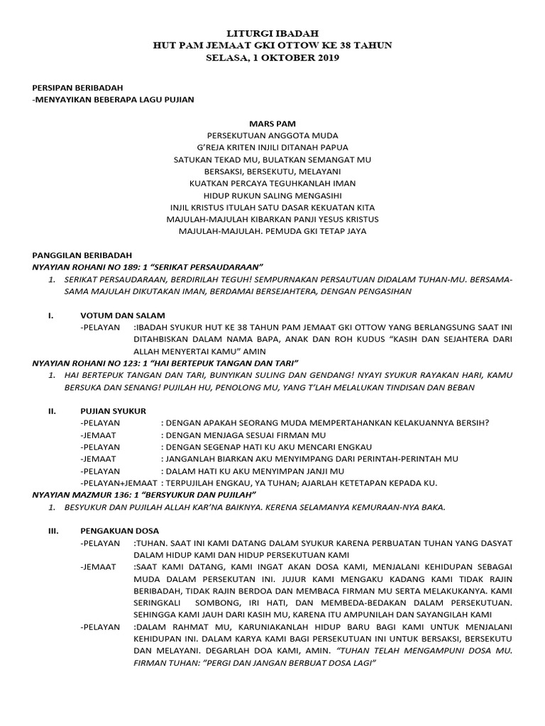 Contoh Pembuatan Liturgi Ibadah Hut Pam Ke 38 THN | PDF