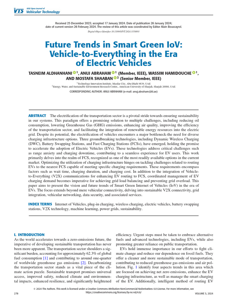 Future Trends in Smart Green IoV Vehicle-to-Everything in The Era of Electric Vehicles | PDF ...