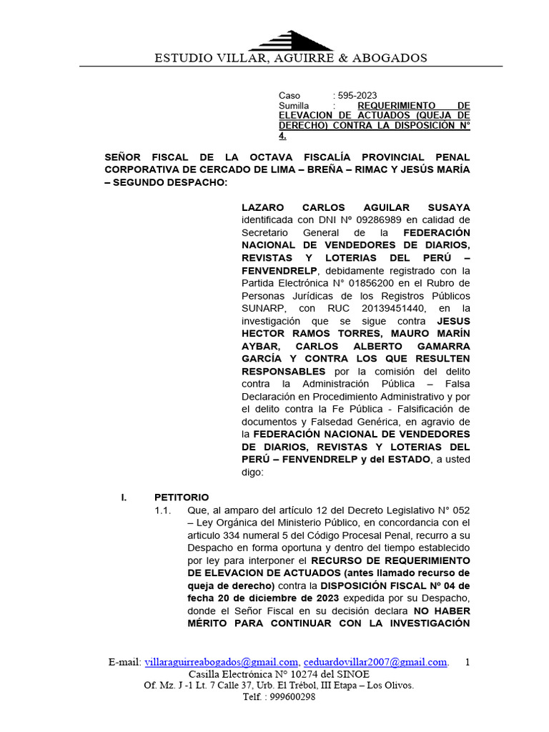 Requerimiento de Elevacion | PDF | Fiscal | Ley procesal