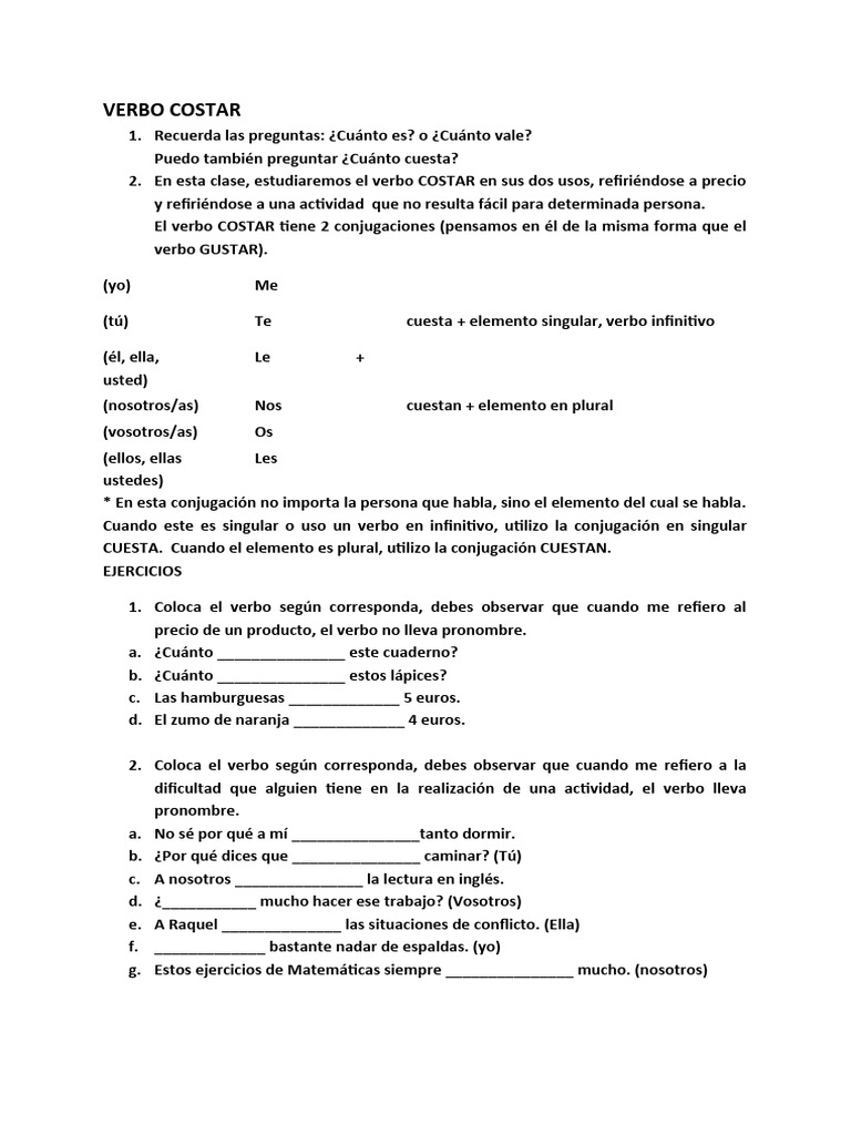 Ejercicios de Conjugación del Verbo Costar | PDF