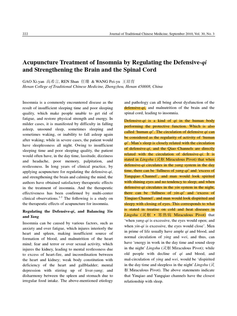 Insomnia by Regulating The Defensive-Qi | PDF | Traditional Chinese ...