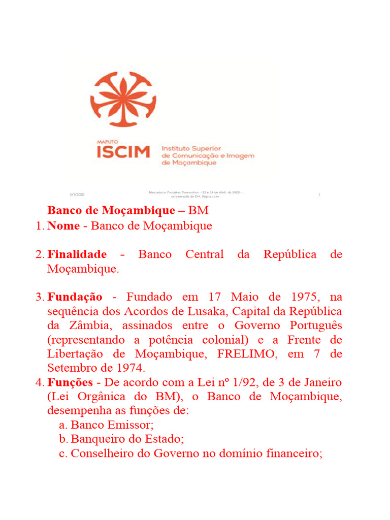 Iscim - Mercados e Produtos Financeiros - Banco de Mocambique - o Que ...