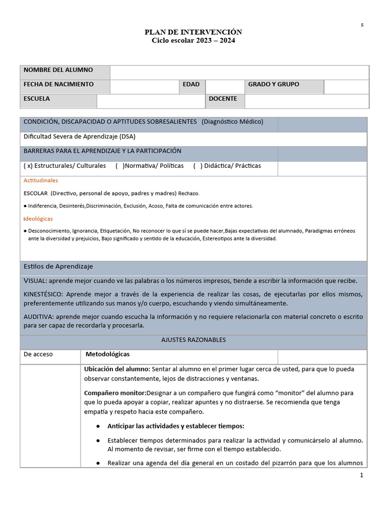 Dsa - Plan de Intervención | PDF | Evaluación | Aprendizaje