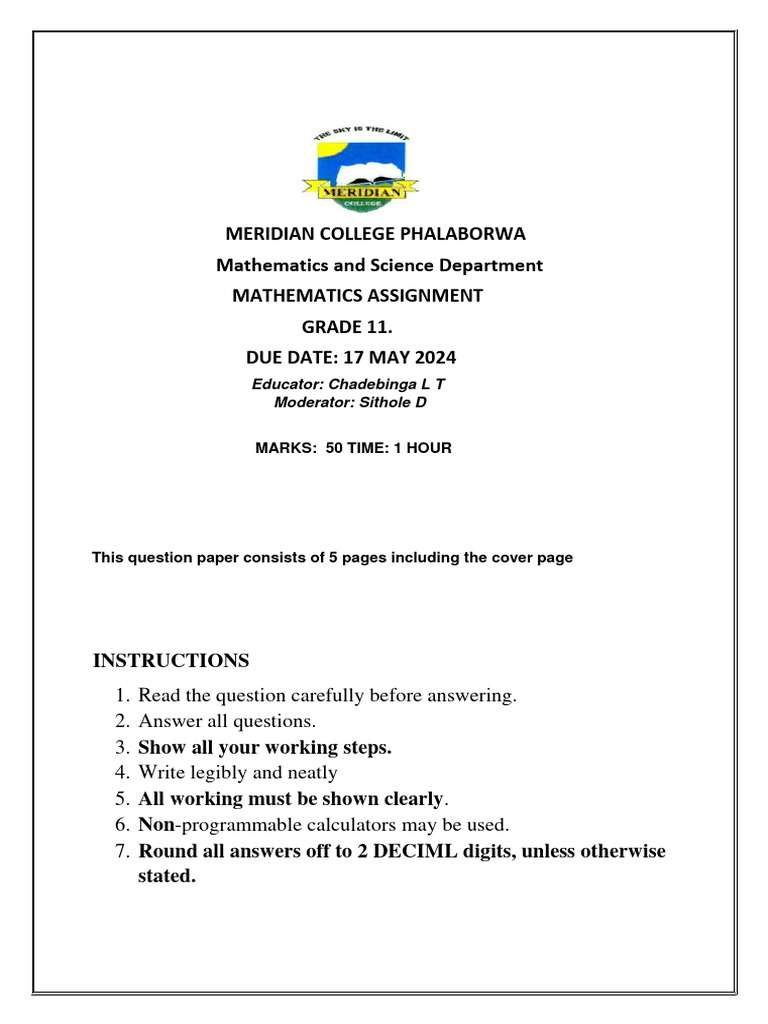 Grade 11 Mathematics Assignment 2024 | PDF | Circle | Classical Geometry