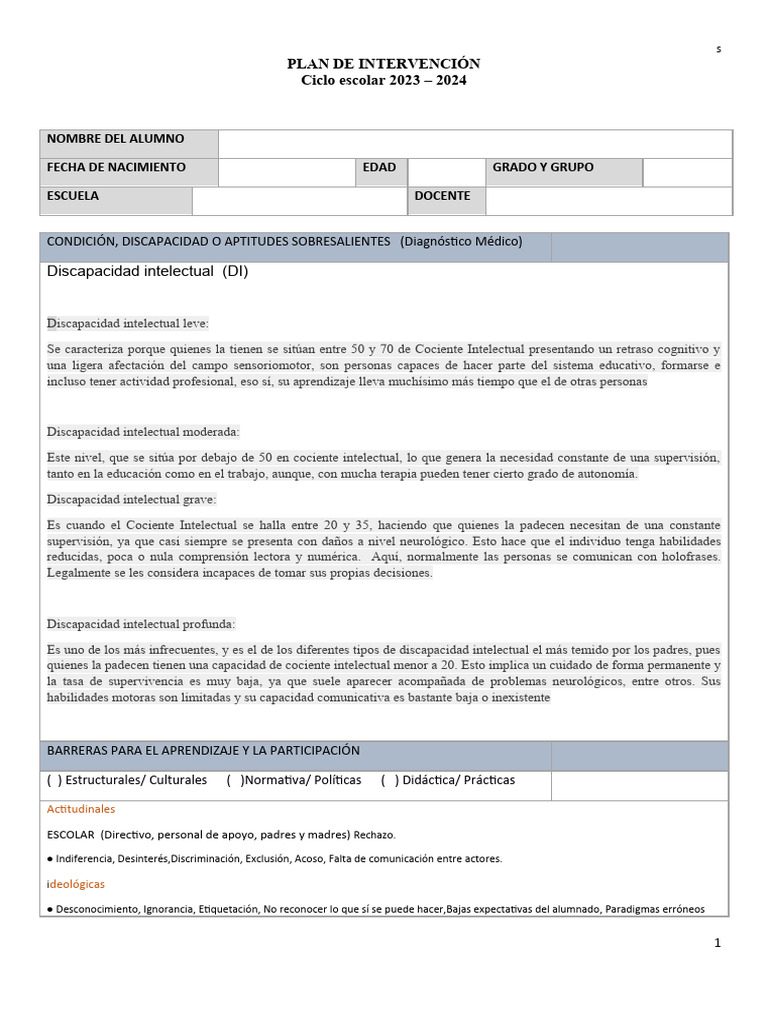 Di - Plan de Intervención | PDF | Discapacidad intelectual | Aprendizaje