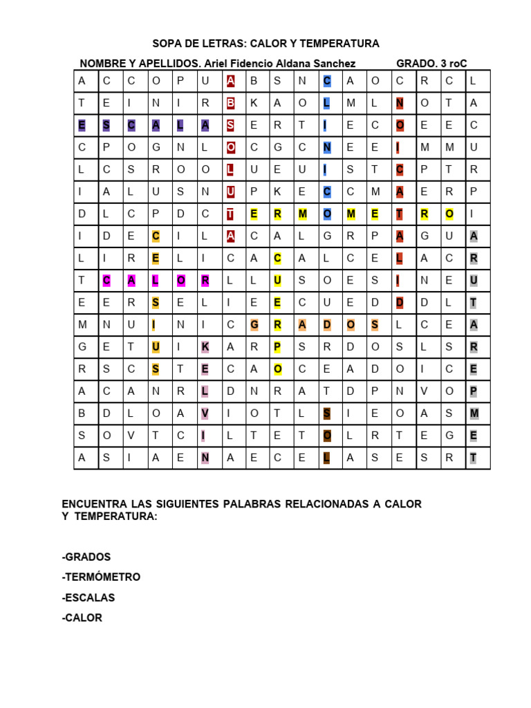SOPA DE LETRAS CALOR Y TEMPERATURA | PDF
