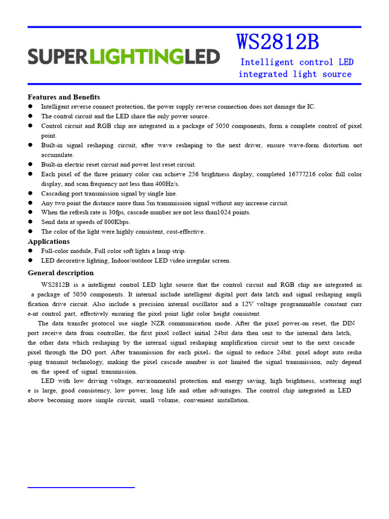WS2812B Datasheet | PDF | Electronic Circuits | Light Emitting Diode