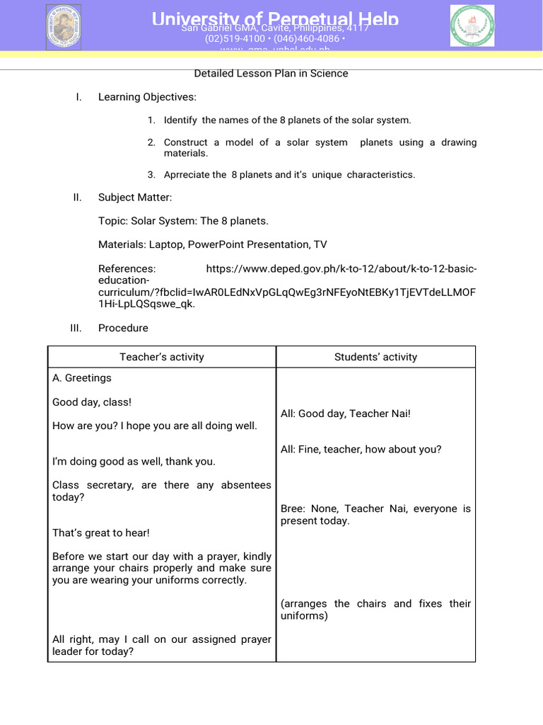 Lesson Plan: The 8 Planets of the Solar System | PDF | Astronomical ...