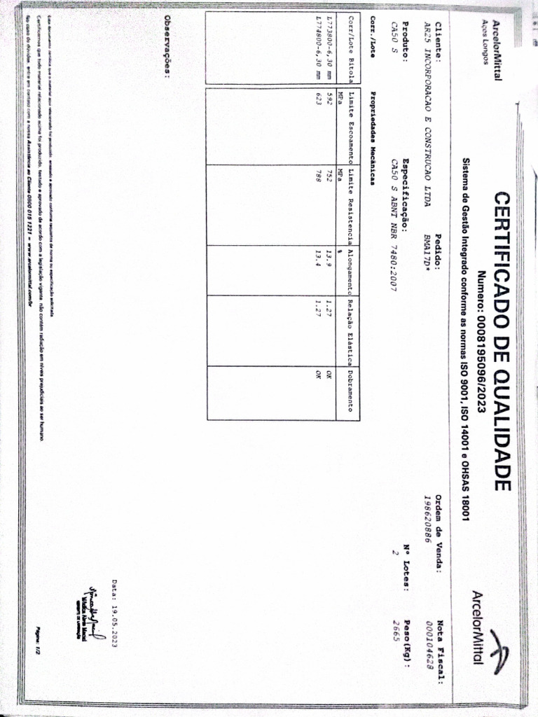 Certificado de Qualidade NF-e 104629 | PDF