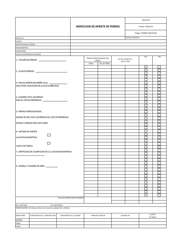Topmex-Cm-F04-06 Formato de Apriete de Pernos | PDF