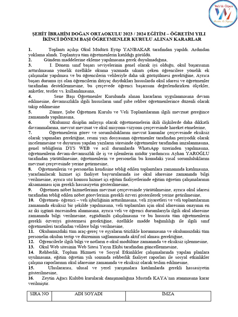 Eh T Brah M Do An Ortaokulu Alinan Kararlar | PDF