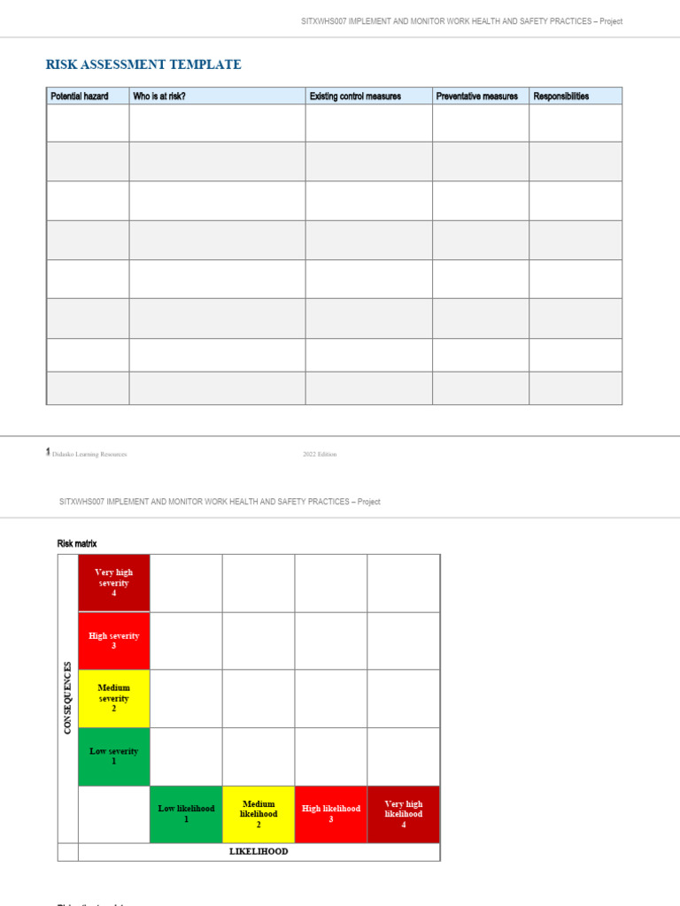 SITXWHS007 - Assessment - C - Risk Assessment Template - V4-0 | PDF