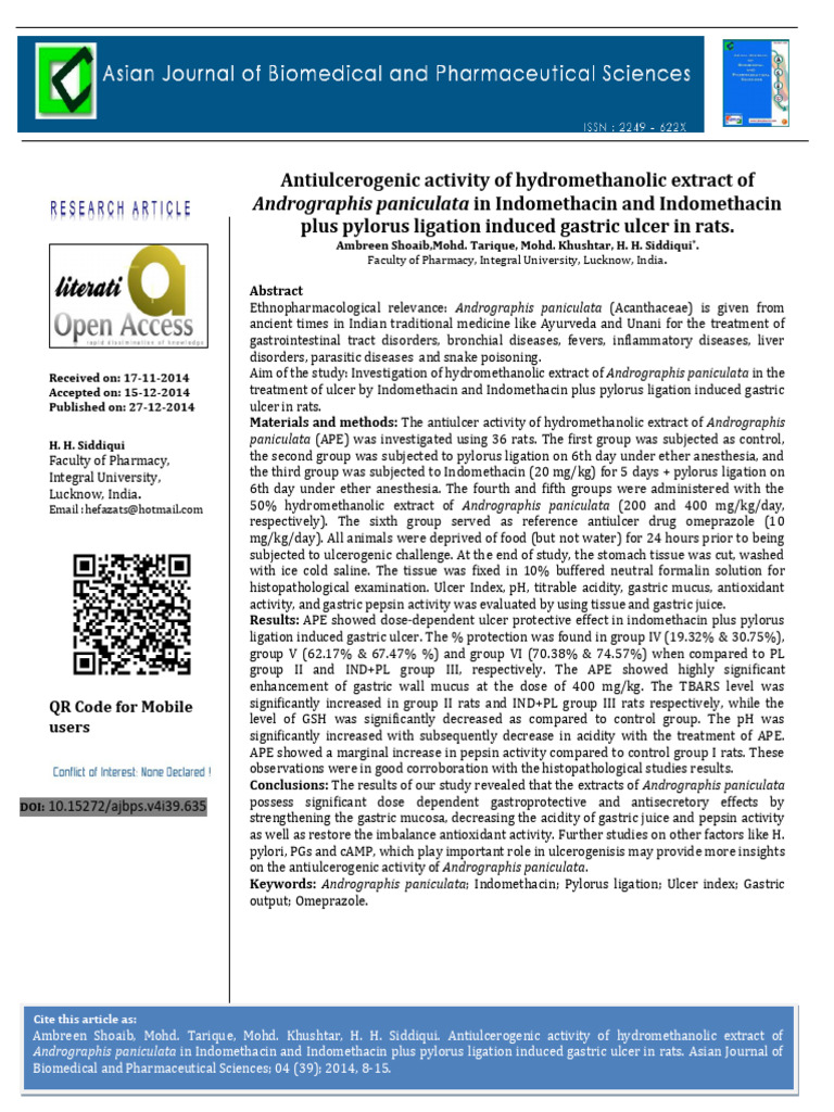 Antiulcerogenic Activity of Hydromethanolic Extract of Andrographis Paniculata in Indomethacin ...