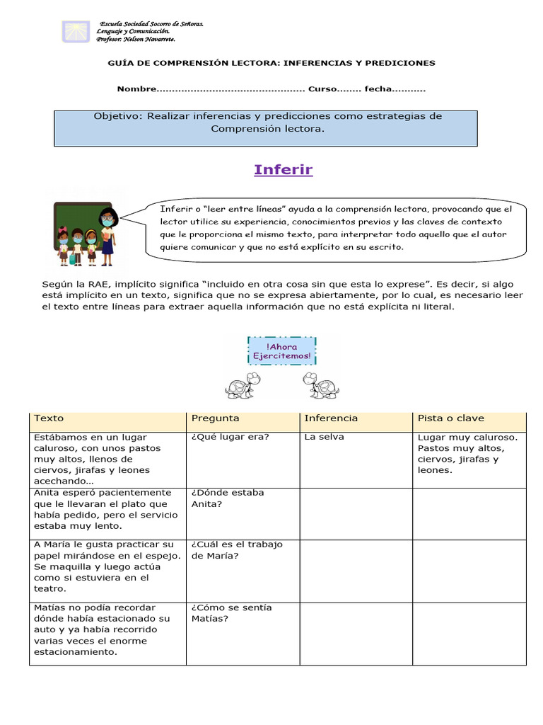 Guía Inferencias y Predicciones 7° | PDF | Comprensión lectora ...
