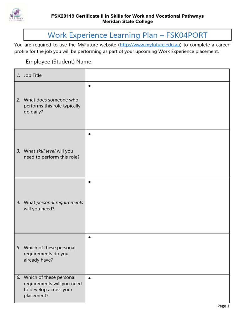 Work experience Learning Plan | Download Free PDF | Internship | Job ...