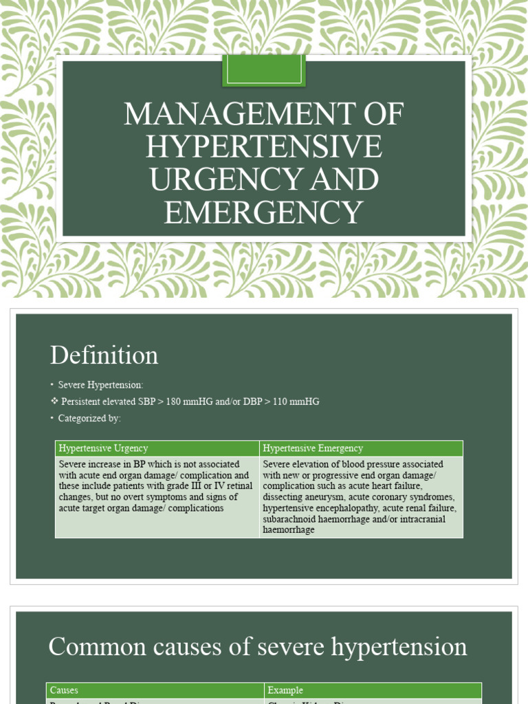 Management of HPT Urgency and Emergency | PDF | Hypertension | Blood ...