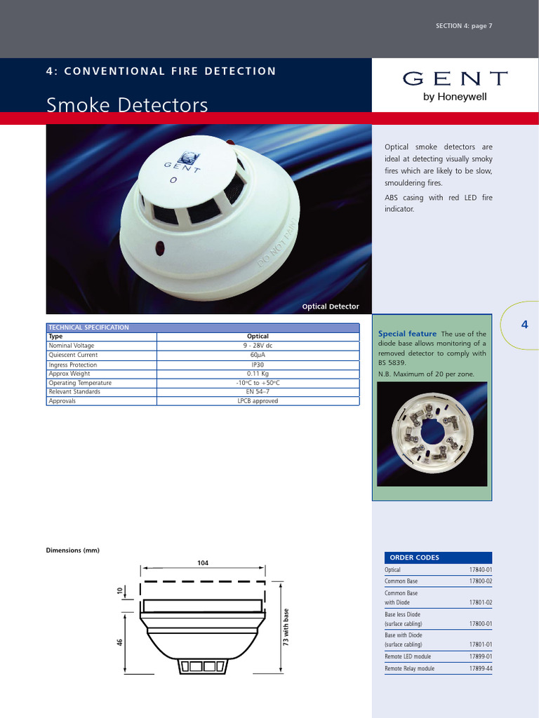 Gent Optical Smoke Detector Specs | PDF | Diode | Electrical Equipment