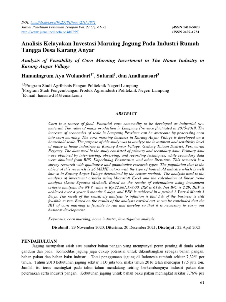 Analisis Kelayakan Investasi Marning Jagung Pada I | PDF