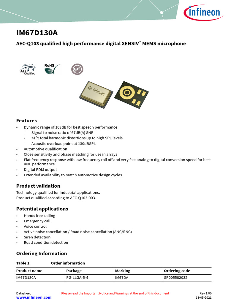 IM67D130A: AEC-Q103 Qualified High Performance Digital XENSIV MEMS Microphone | Download Free ...