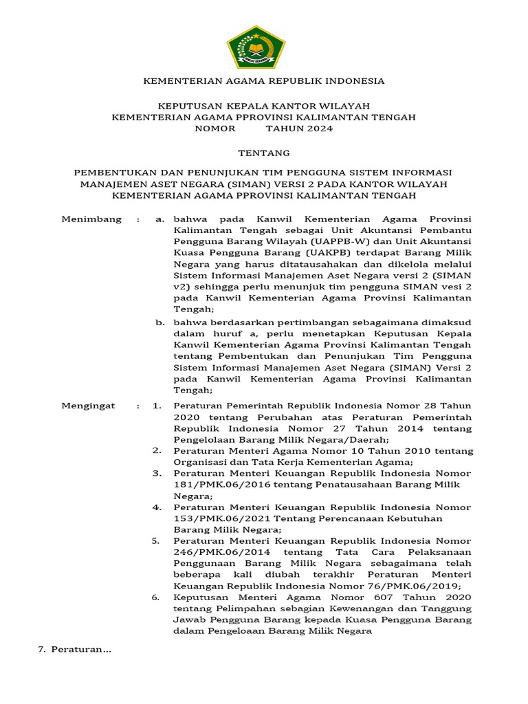 SK Tim Pengguna Siman V2 Kanwil Kemenag Prov. Kalteng | PDF