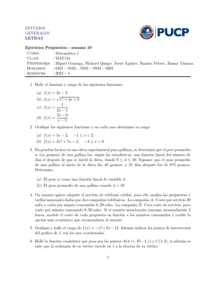 Lista 10 Ejercicios Mate1-2022-1 | PDF