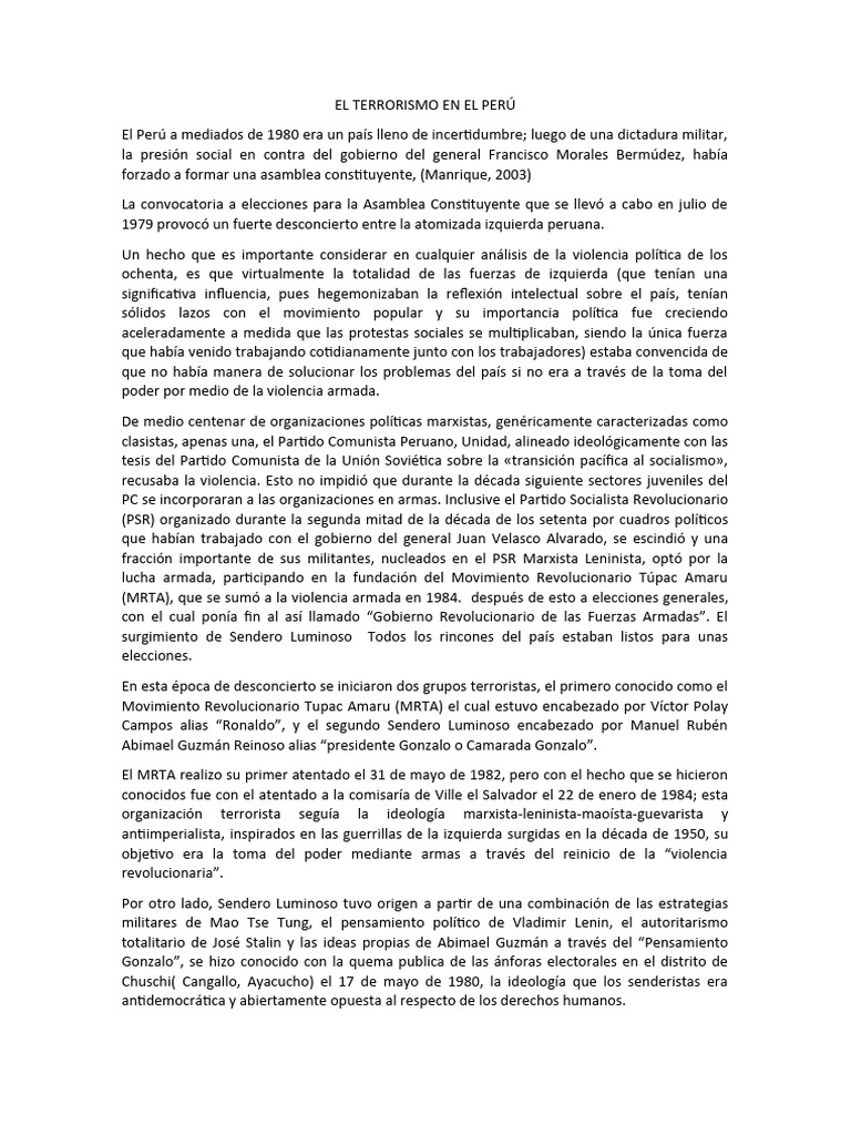 El Terrorismo en El Perú. | PDF | Perú | Ciencias Políticas