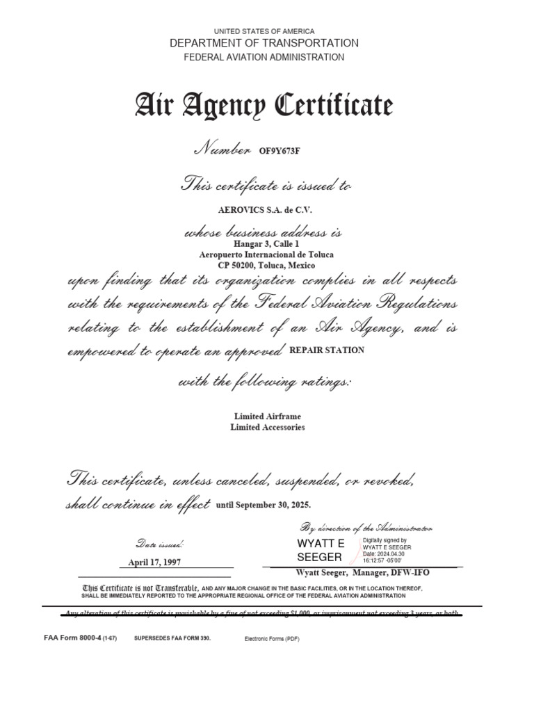OF9Y Revised Certificate | PDF | Federal Aviation Administration | Aviation