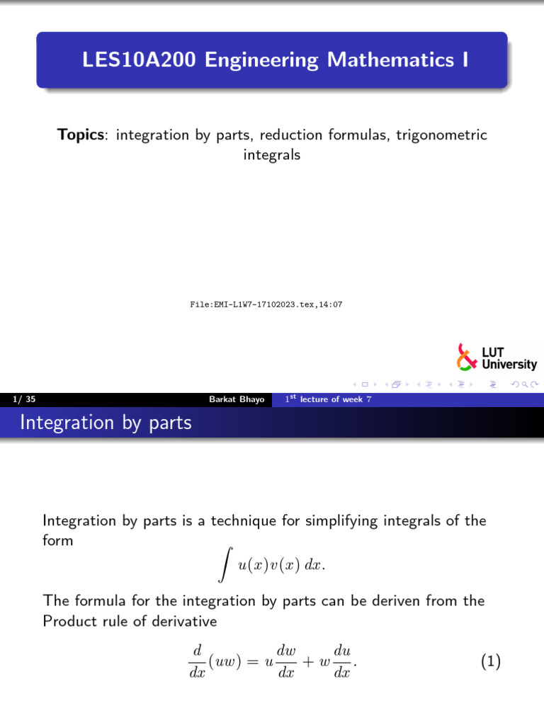 LES10A200 Engineering Mathematics I: Topics: Integration by Parts ...