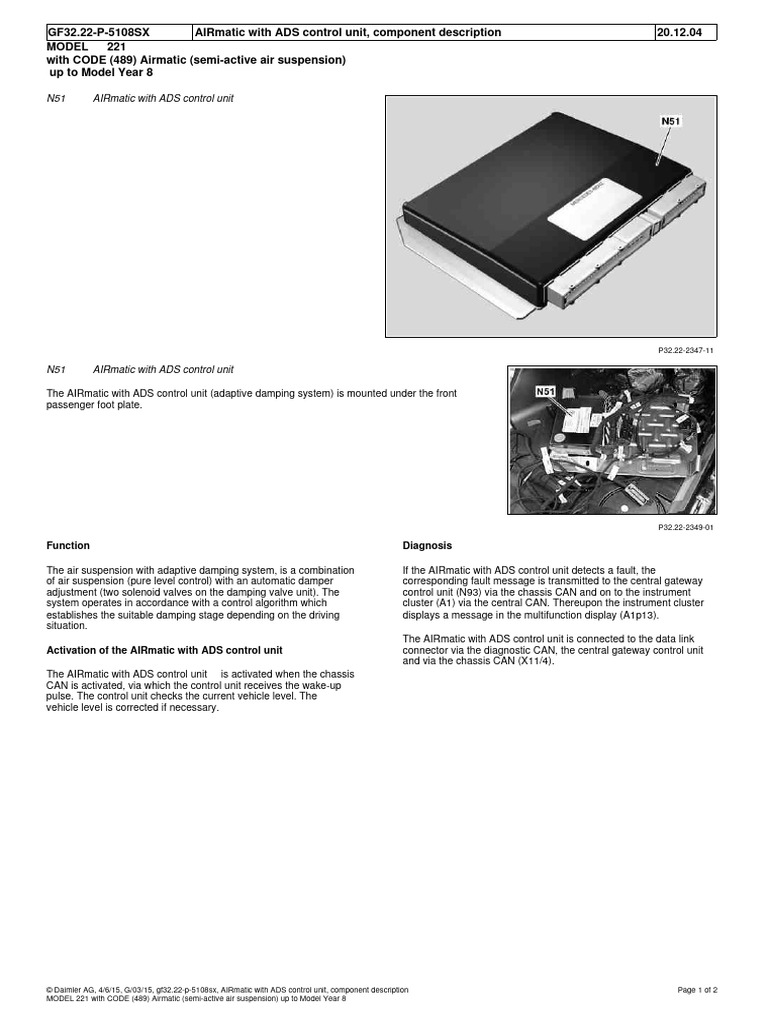 AIRmatic With ADS Control Unit, Component Description | Download Free PDF | Vehicles | Vehicle Parts