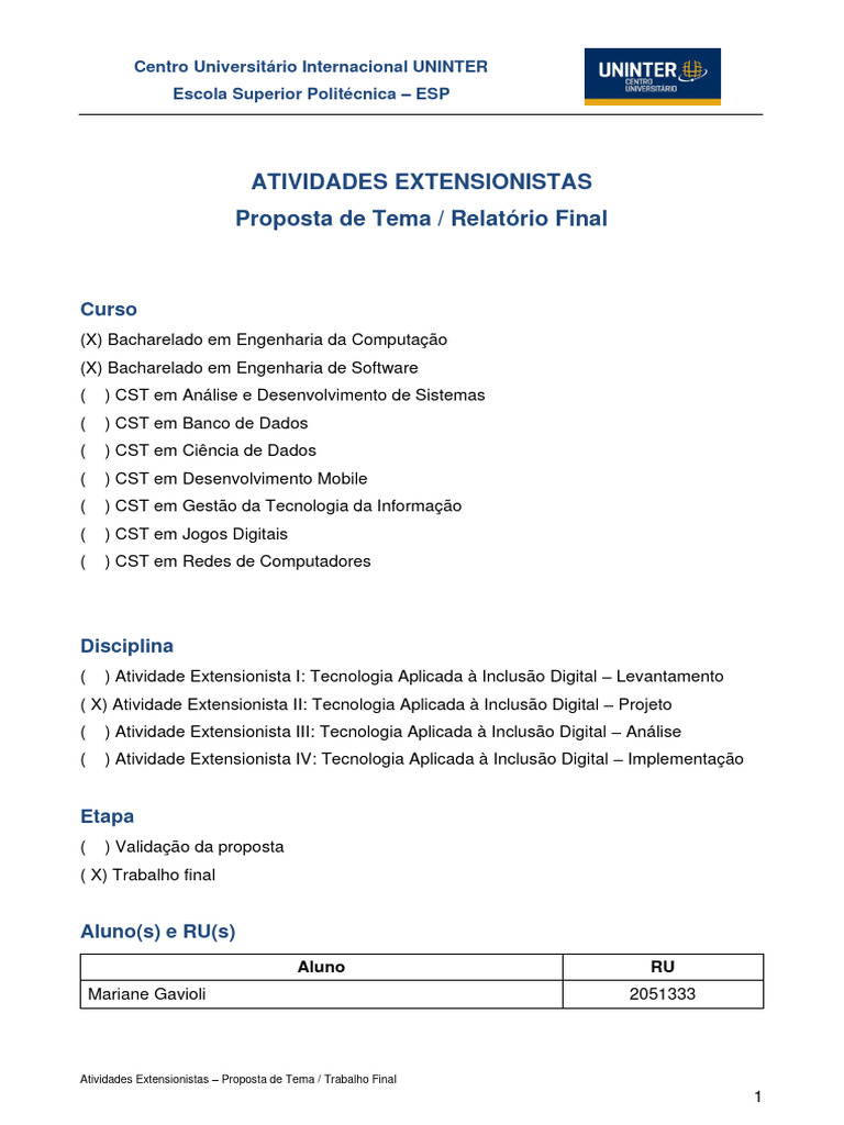 Atividades Extensionistas - Projeto - Modelo de Proposta de Tema e Trabalho Final - Cursos ...
