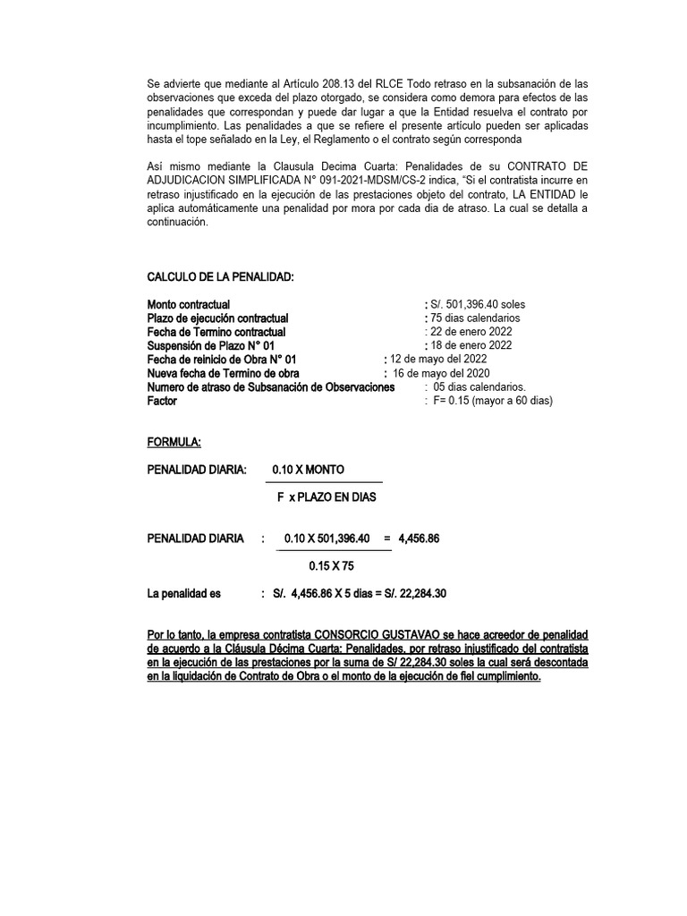 Calculo de Penalidad | PDF
