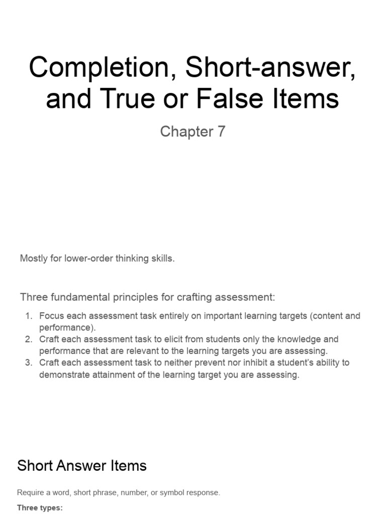 Chapter 7 - Completion, Short-Answer, and True or False Items | PDF ...