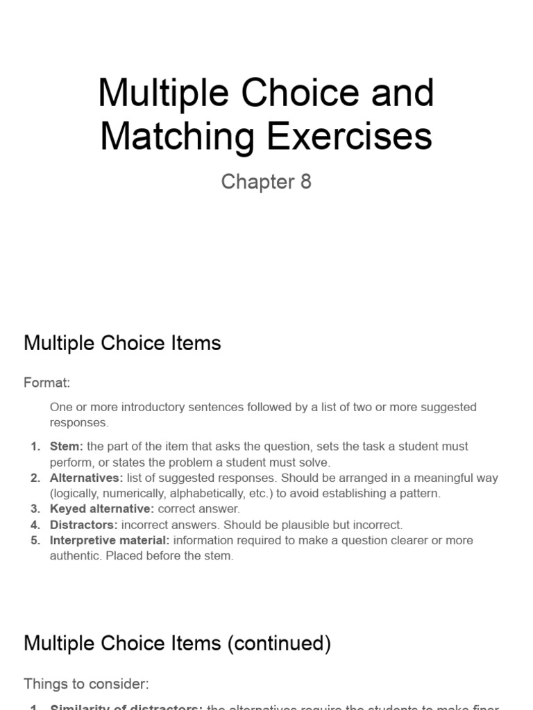 Chapter 8 - Multiple Choice and Matching Exercises | PDF | Multiple Choice | Cognition