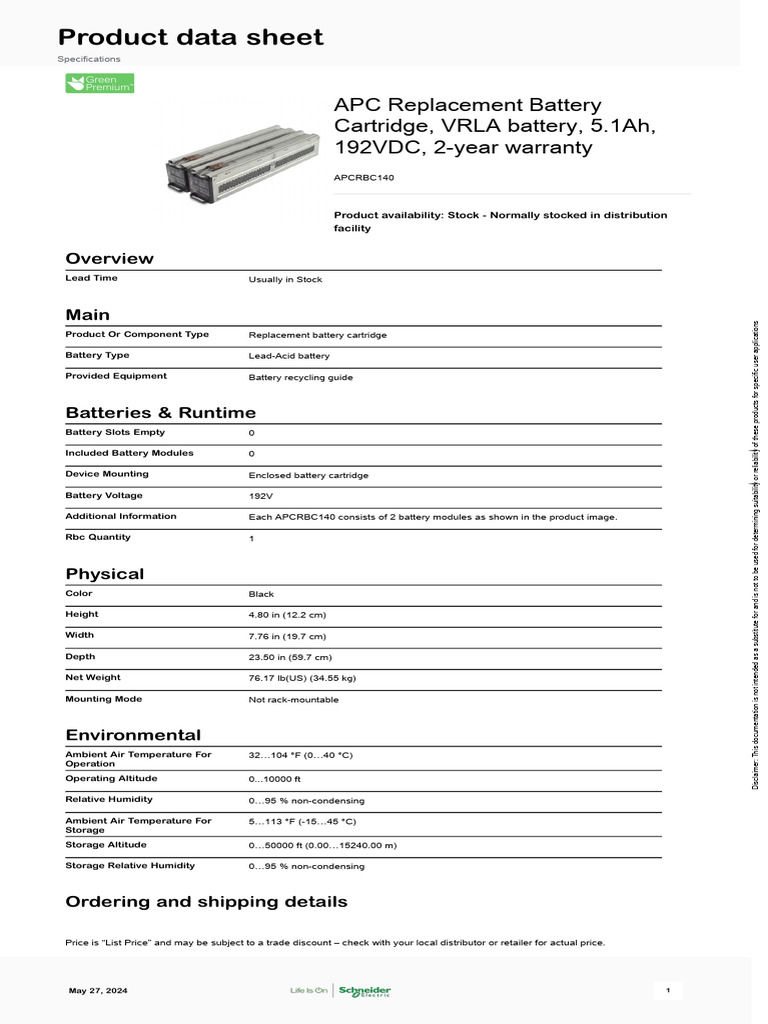 Schneider Electric - Replacement-Battery-Cartridges - APCRBC140 | PDF