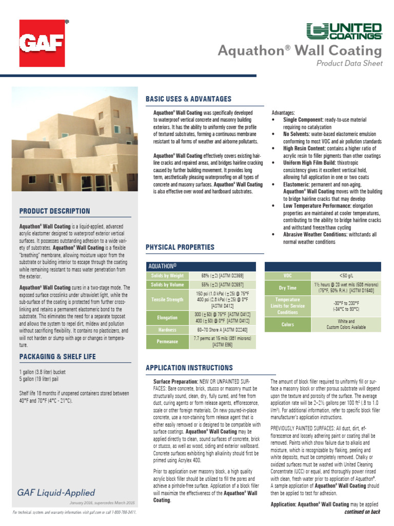 Data Sheet United Coatings Aquathon Wall Coating | PDF | Coating | Concrete