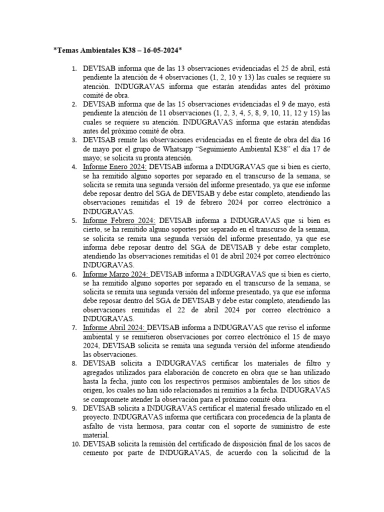 Temas Comite K38 16-05-2024 | PDF | Residuos | Agua