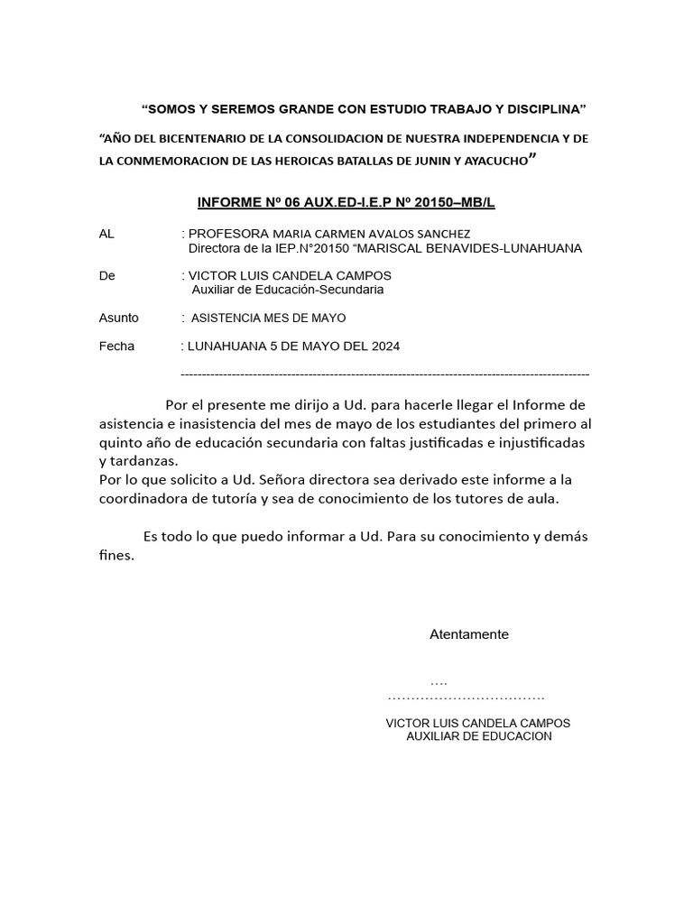 Informe #6 Asistencia Oficio Mayo 2024 | PDF