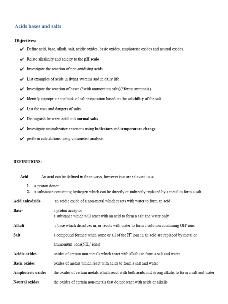 Acids Bases and Salts Notes | PDF | Acid | Salt (Chemistry)