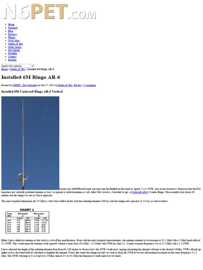 Installed 6M Ringo AR-6 - N6PET - My Ham Radio Journal | PDF | Antenna ...